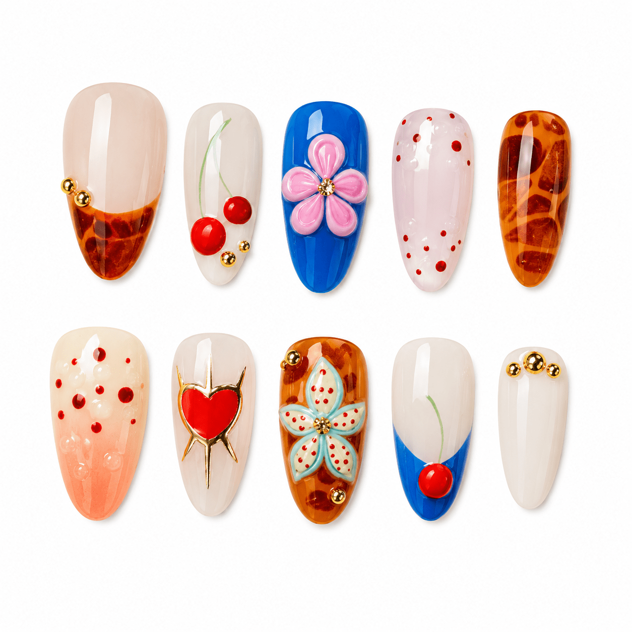 Floral Cherry Heart Press on Nails, Medium Almond Glossy Fake Nails ...