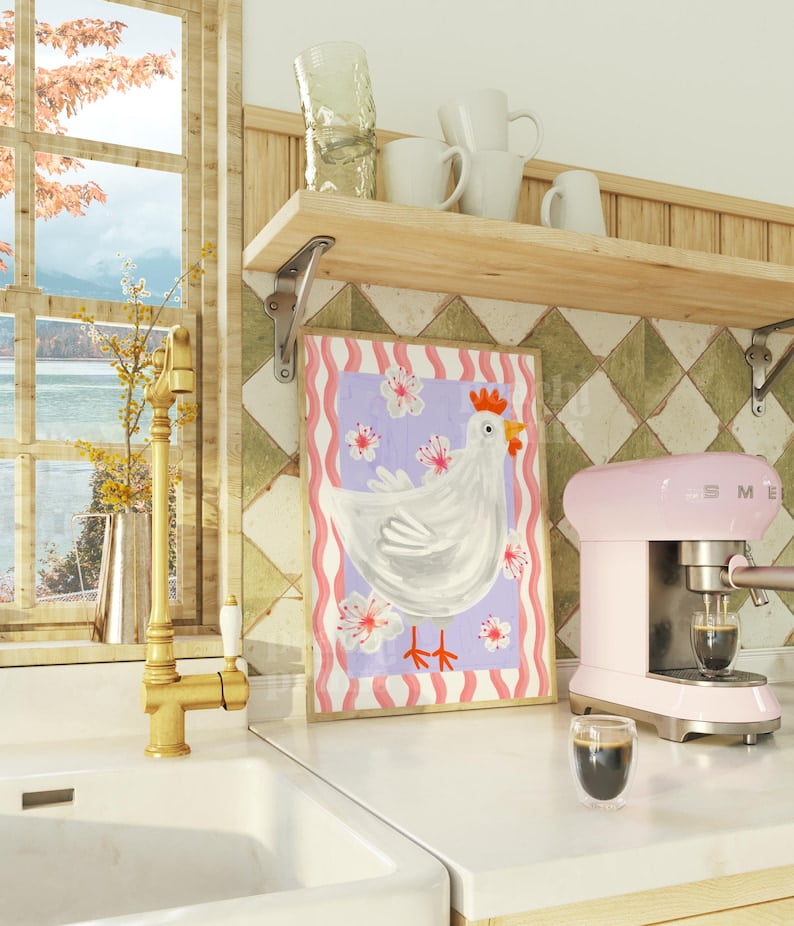 Floral Chicken Art Print: Pastel Farmhouse Kitchen Decor 8x12 UNFRAMED ...