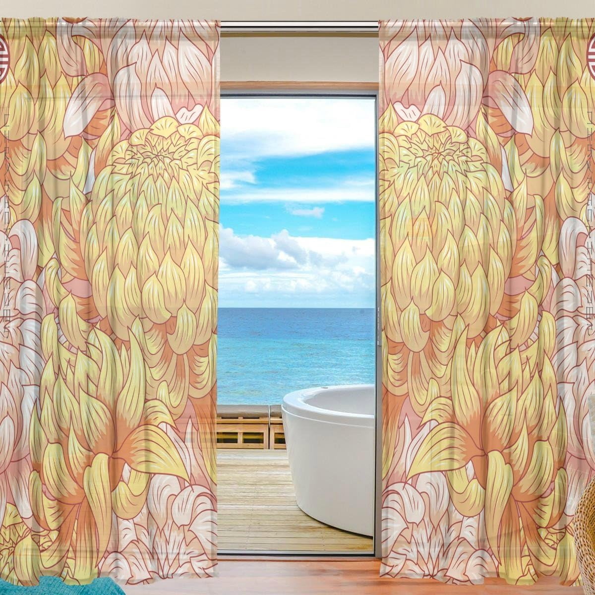 Floral Chrysanthemum Flowers Semi Sheer Curtains Window Voile Drapes ...