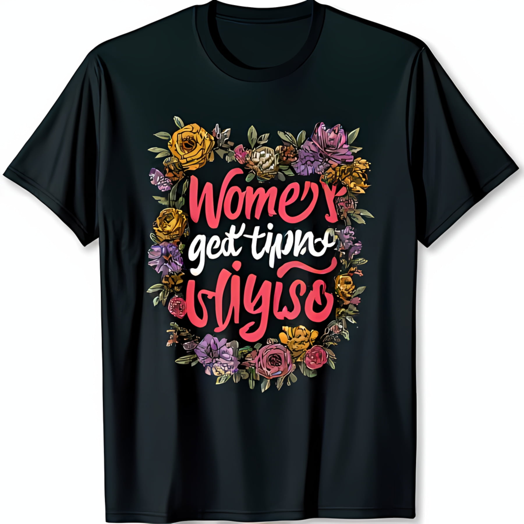 Floral Circle Black T-Shirt with Women Get Things Done Cursive Design ...