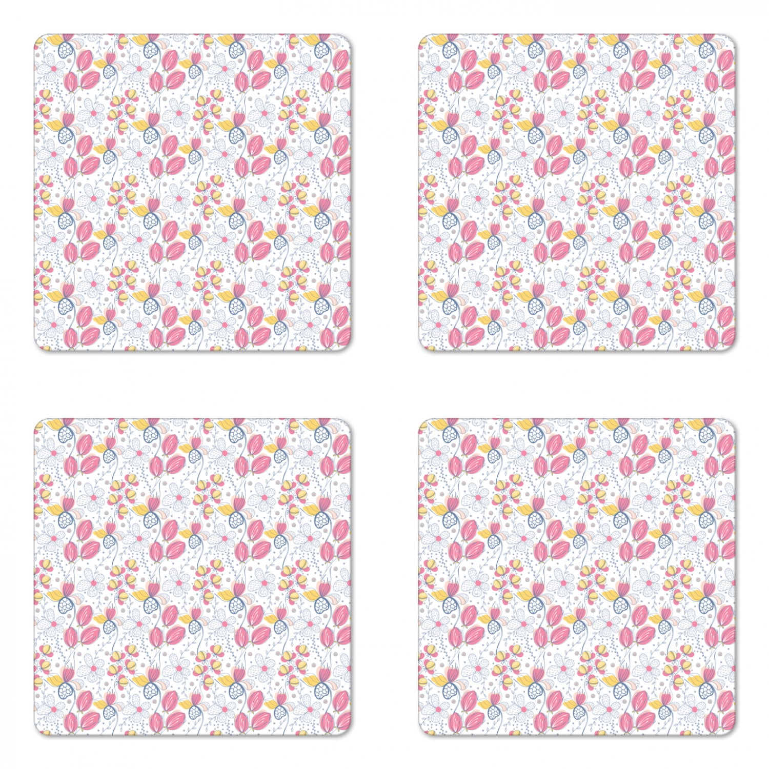 Floral Coaster Set of 4, Soft Toned Flower Bush Foliage Spring Blooms ...