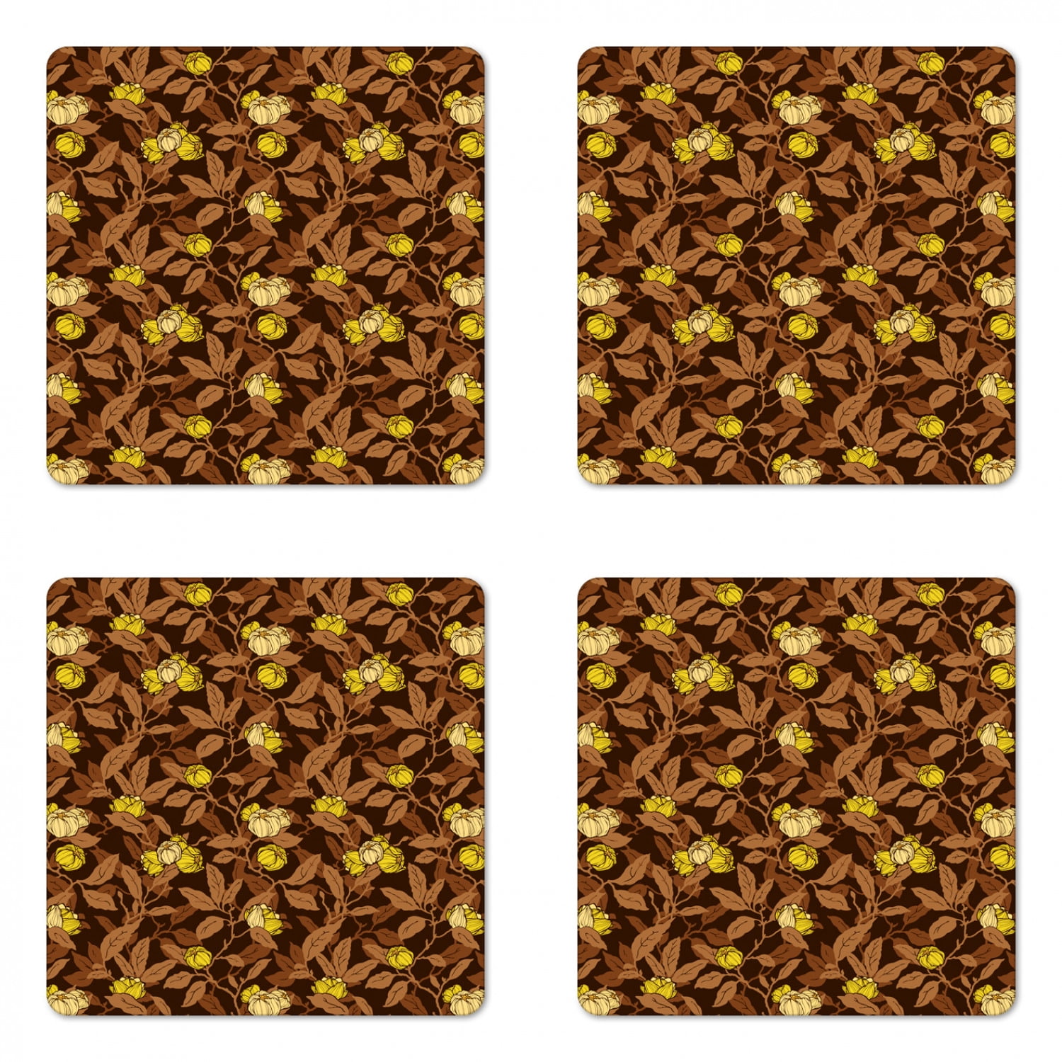 Floral Coaster Set of 4, Yellow Toned Flowers Flourish Leaves and ...