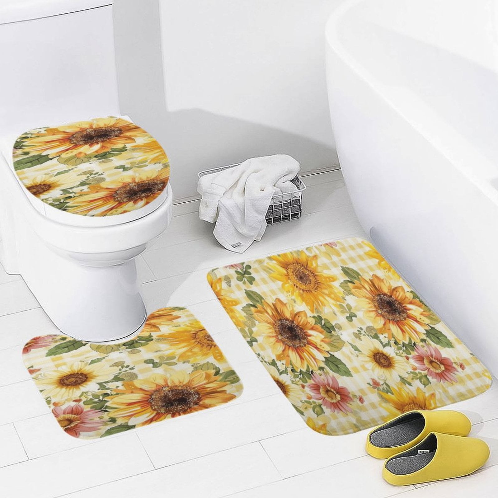 Floral Colorful Flower 3 Pieces Bath Mats Set, Non-Slip Washable Cover ...