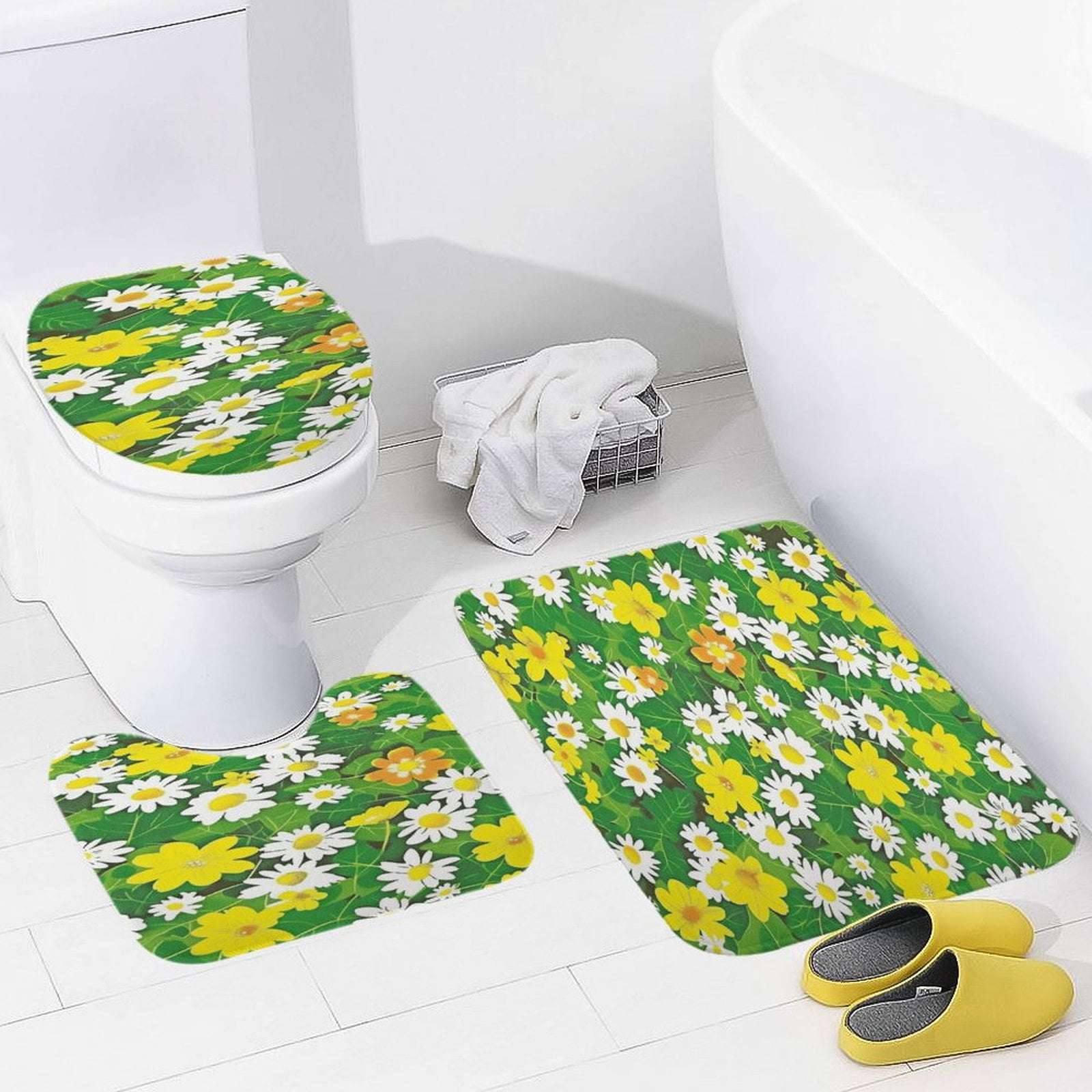 Floral Colorful Flower Bathroom Rug Set of 3, No Silp Washable Cover ...