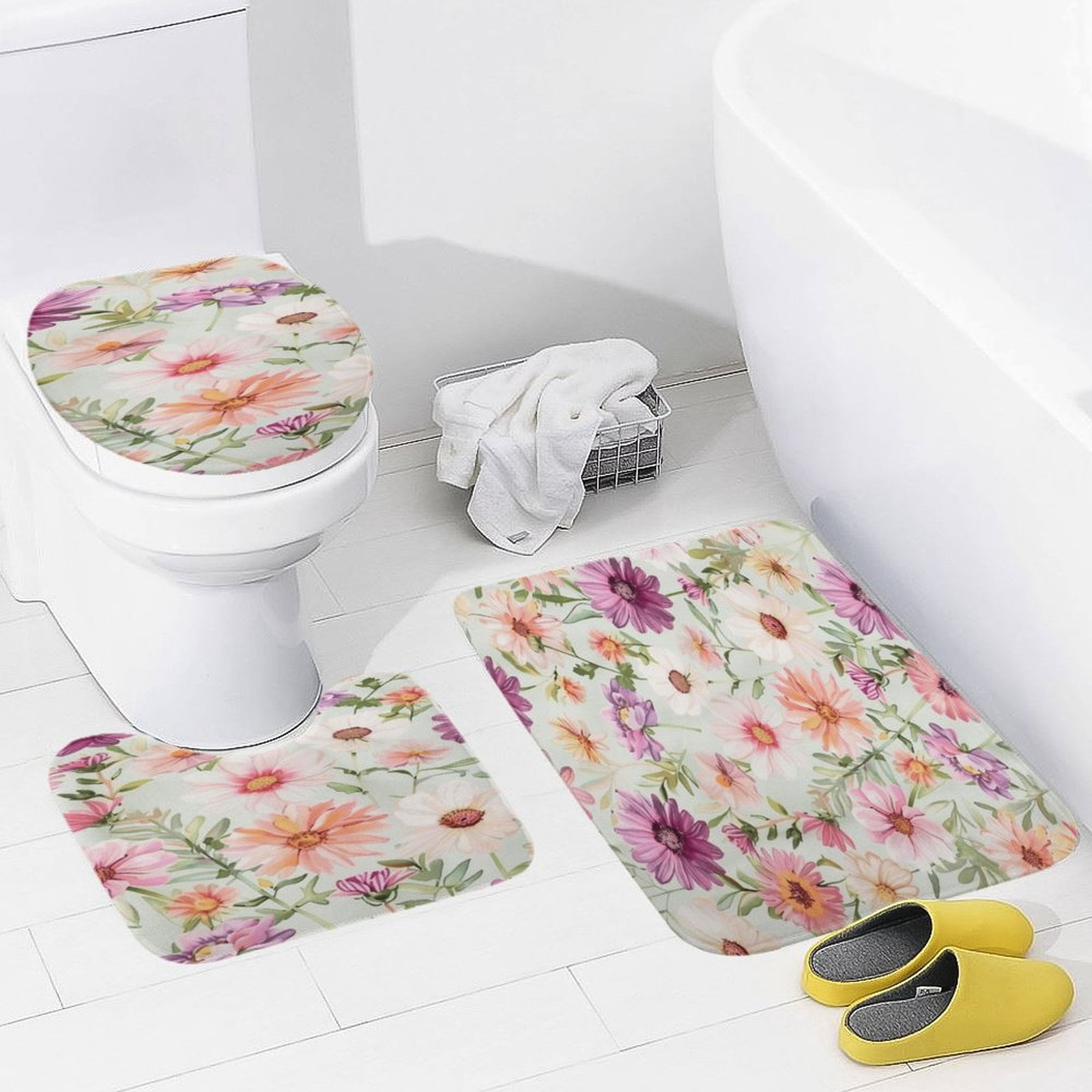 Floral Colorful Flower Bathroom Rug Set of 3, No Silp Washable Cover ...
