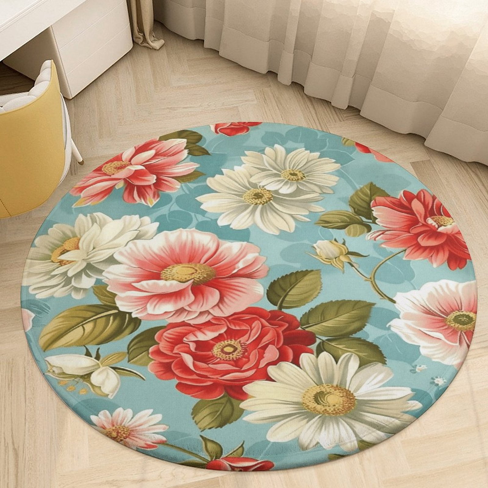 Floral Colorful Flower Round Rugs -Washable Non-Slip Small Round Area ...