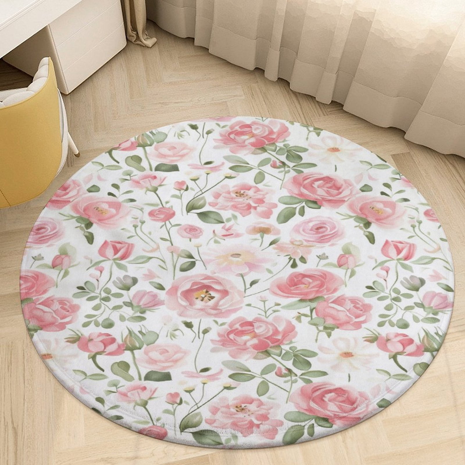 Floral Colorful Flower Round Small Area Rug, Print Non Slip Washable ...