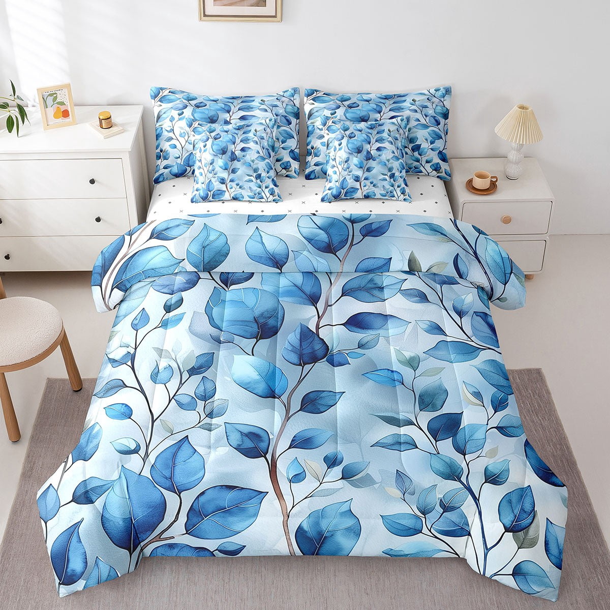 Floral Comforter Set Blue Leaf Print Bedding Set 7 Pieces,Botanical ...