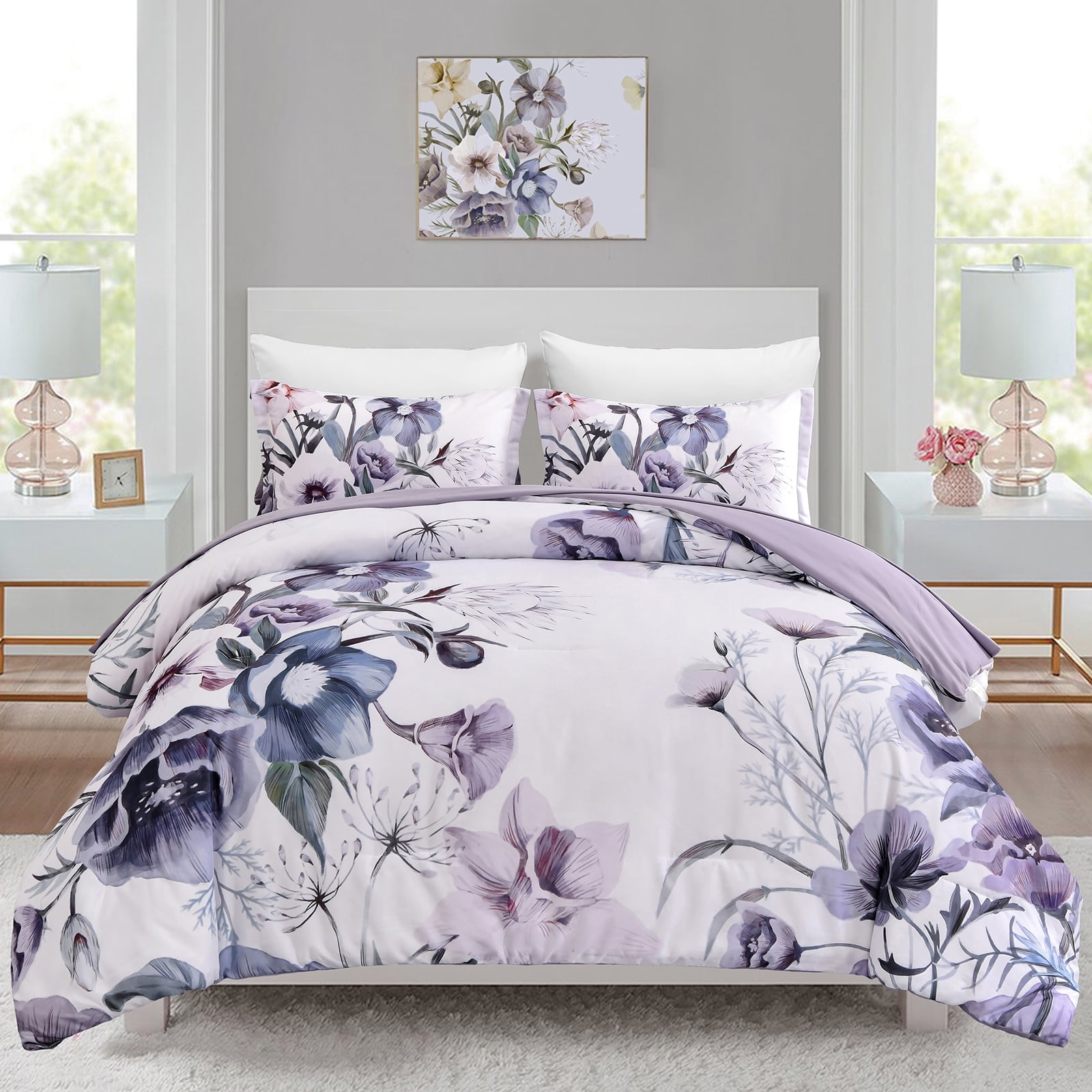 Floral Comforter King,3Pcs Purple Flowers Microfiber Bedding Set All ...