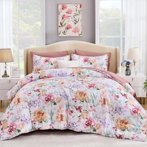 Floral Comforter Set Queen Size 7 Pieces Bed in a Bag, Dusty Rose Pink ...