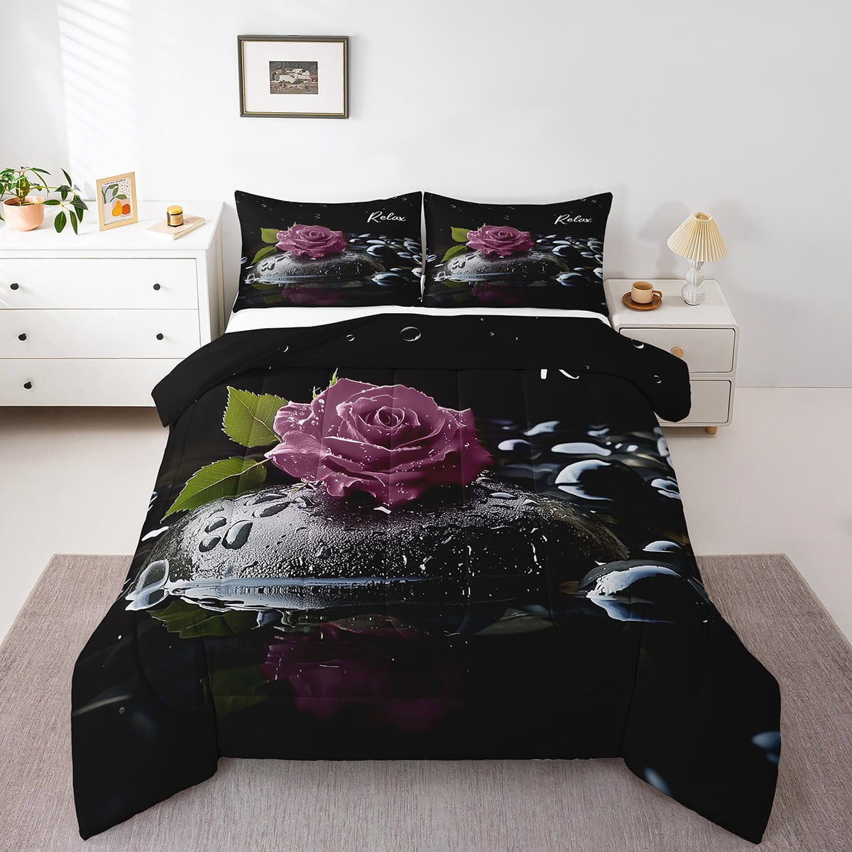 Floral Comforter Set Romance Deep Pink Rose Bedding, 3D Blossom Rose ...