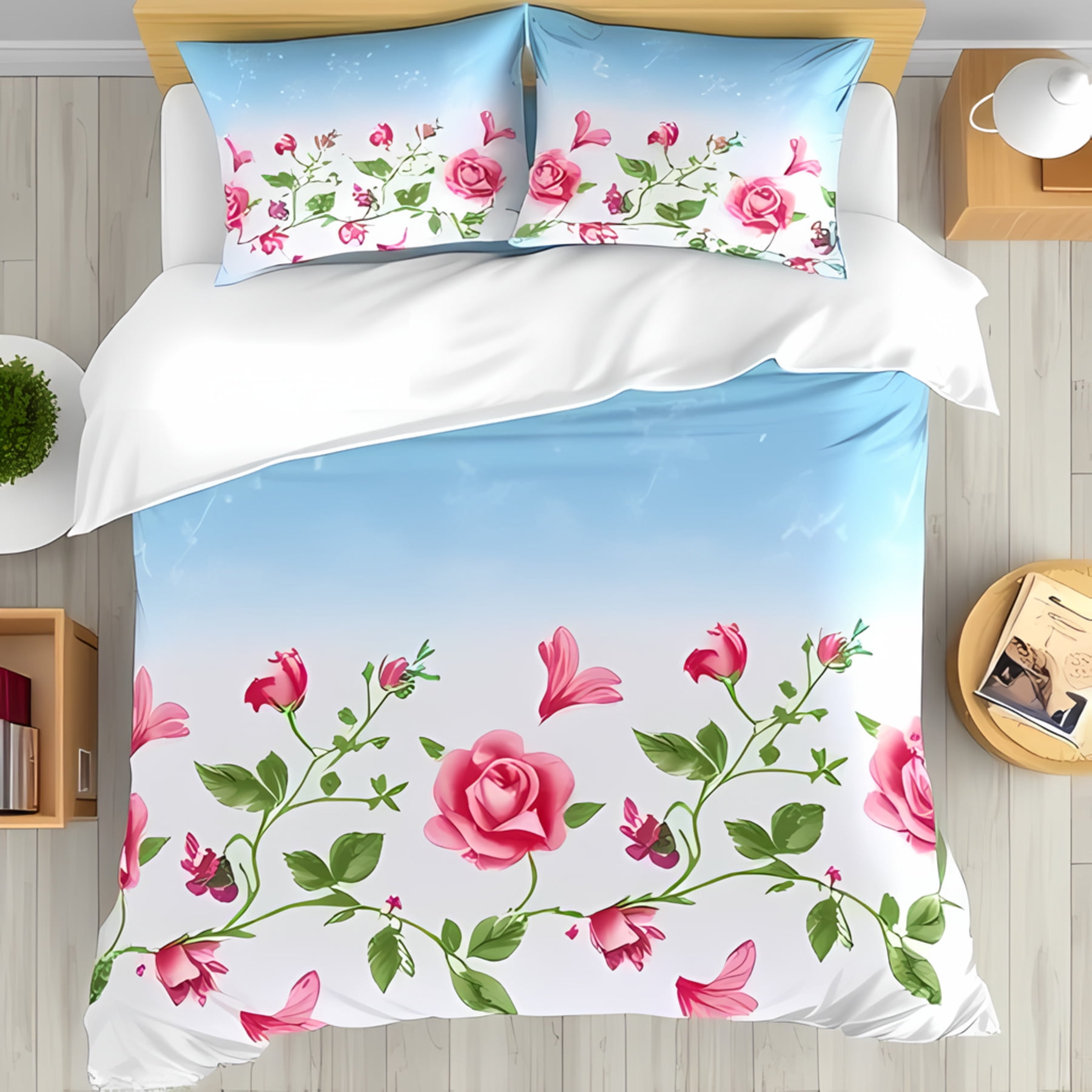 Floral Comforter Set with Sky Blue Gradient & Pink Roses - Soft ...