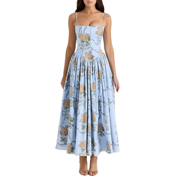 Floral Corset Maxi Dress Lace Up Flowy A Line Wedding Guest Dresses for ...