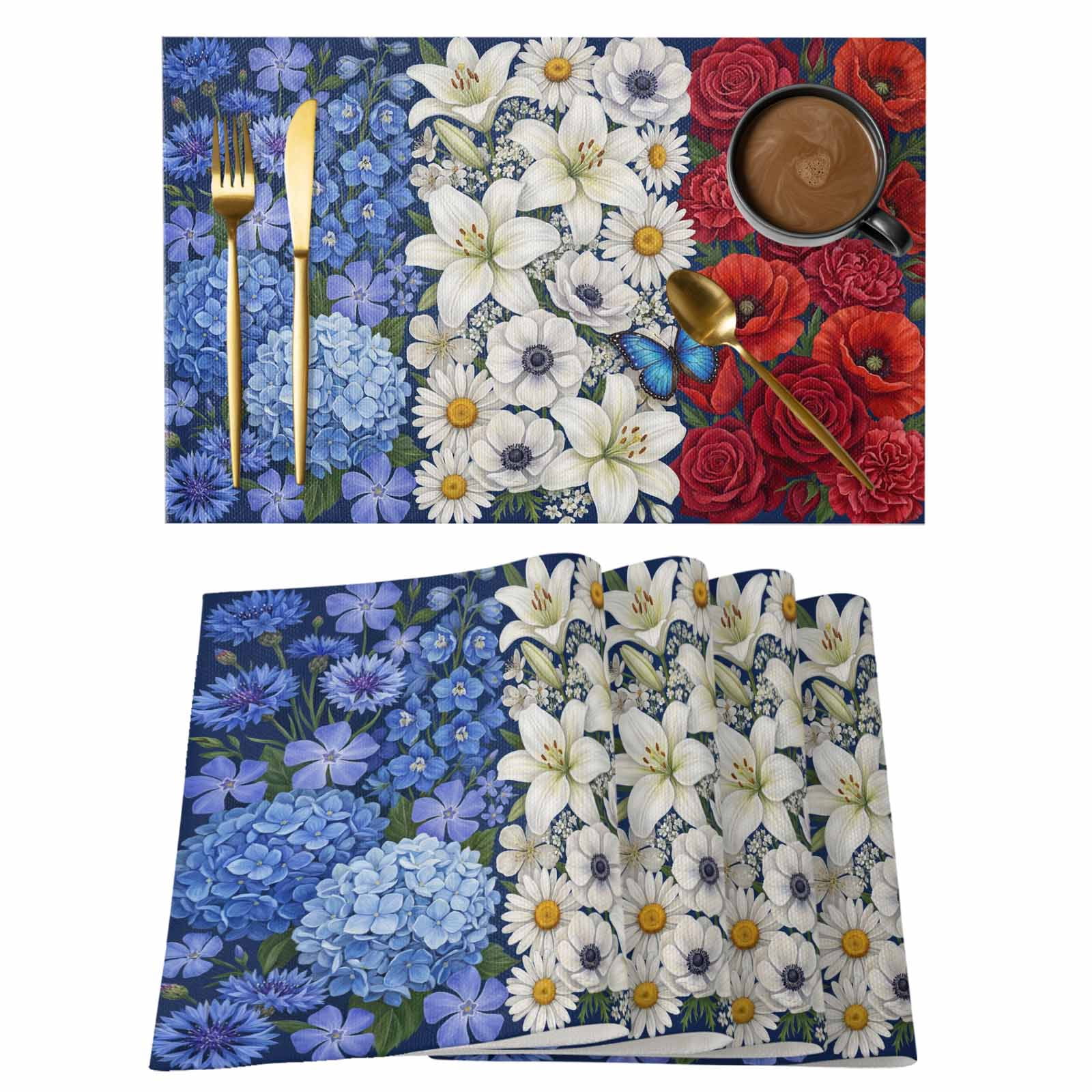 Floral Cotton Linen Placemats Set of 2, Watercolor Blue White Red ...
