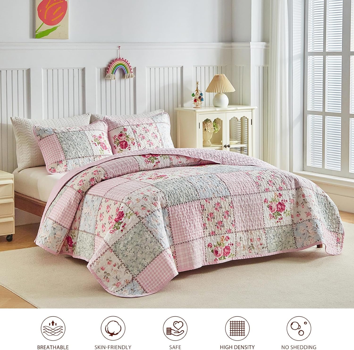 Floral Cotton Quilt Set, Pink Flowers Grid Patchwork Design for Spring ...