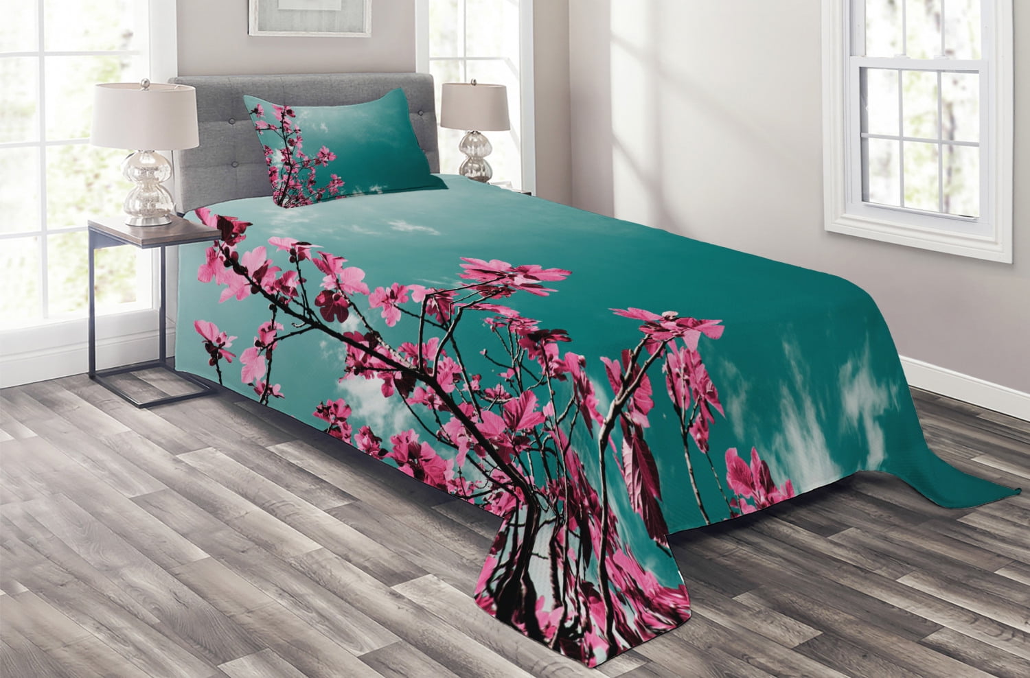 Floral Coverlet, Fig Tree and Florets with Sunny Sky an Exotic Summer ...