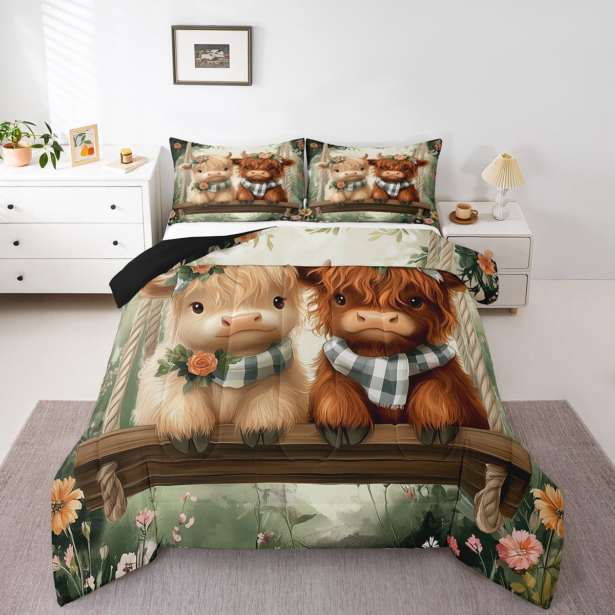 Floral Cow Queen Comforter Set for Cowboy Cow, Highland Cow Bedding Set ...