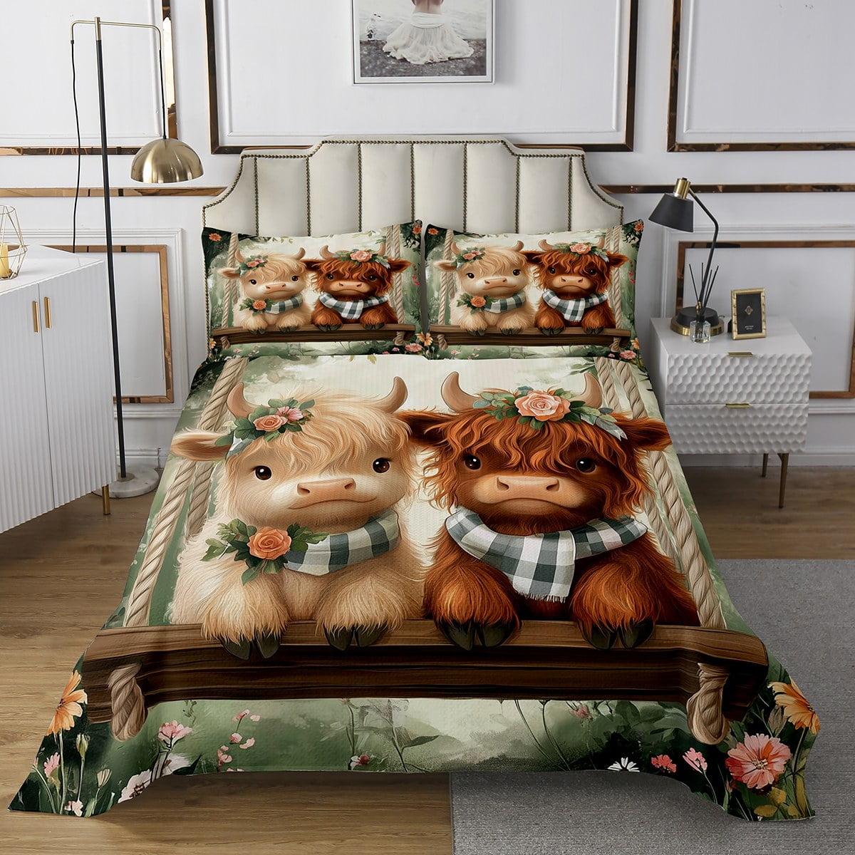 Floral Cow Quilt Set for Cowboy Cow,King Highland Cow Coverlet Set ...