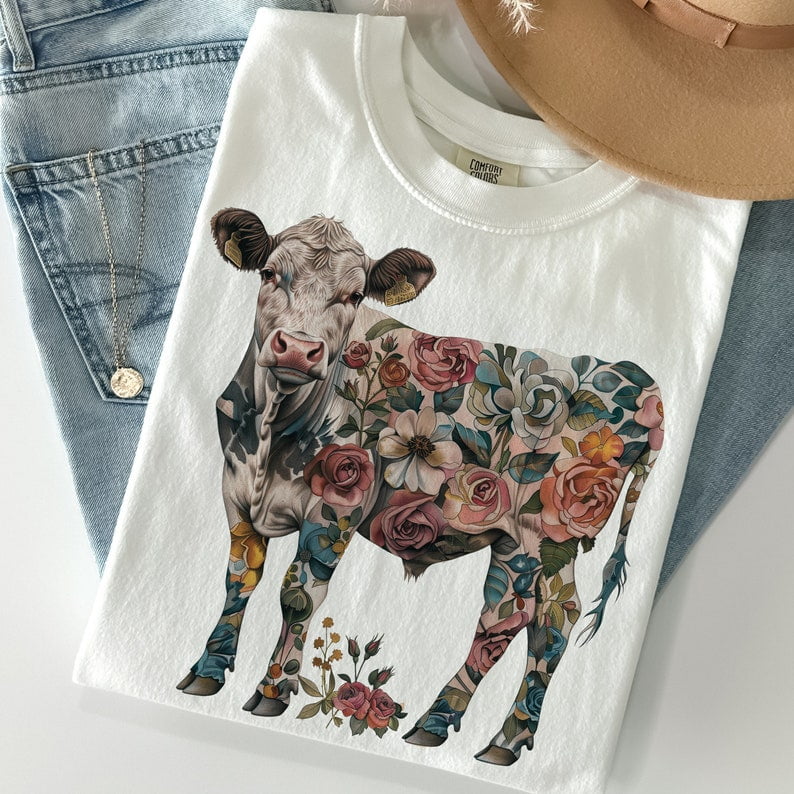 Floral Cow Roses Farm T-Shirt, Cow Sublimation Shirt, Farm Life Shirt ...