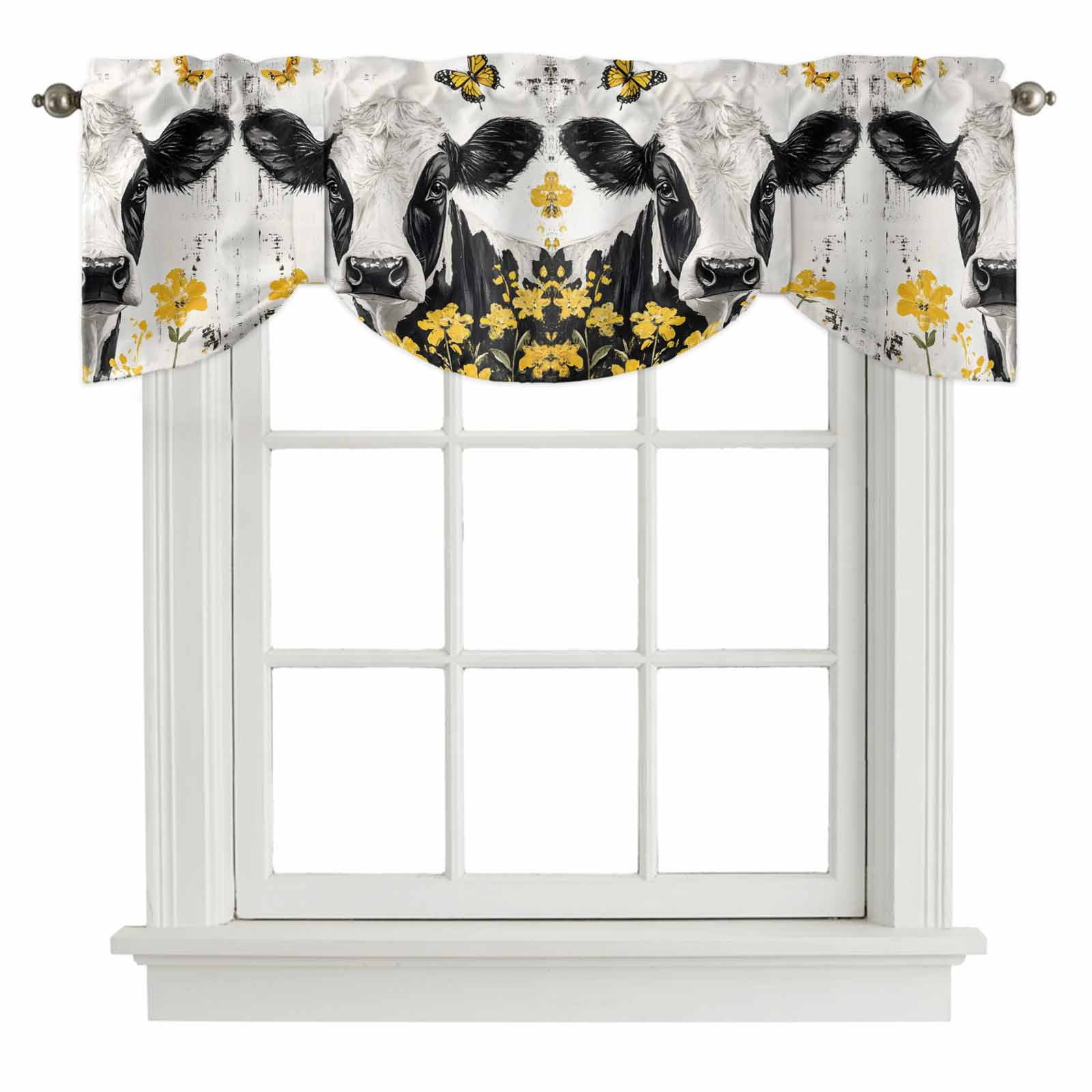 Floral Cow Tie Up Valance for Windows, Country Farm Watercolor Black ...