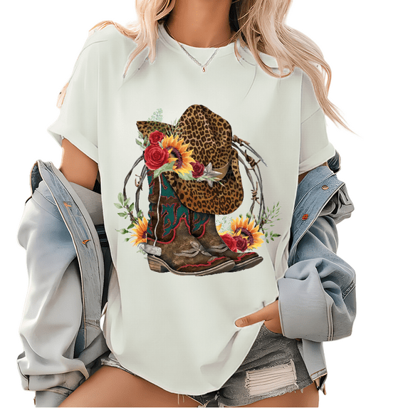 Floral Cowboy Boots Print T Shirt, Cowboy Western Graphic Classic Tops ...