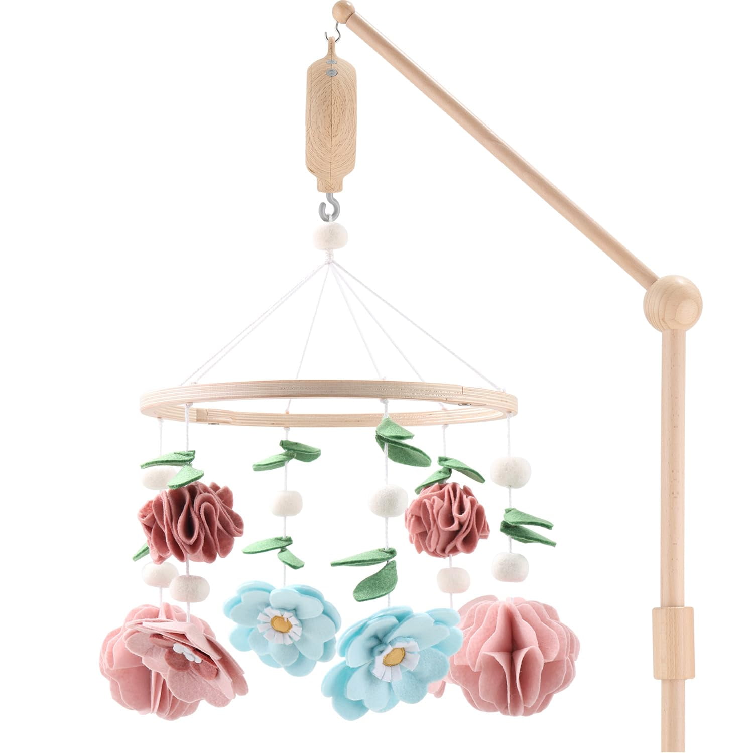 Floral Crib Mobile for Girls, Wooden Musical Baby Mobiles with 12 ...
