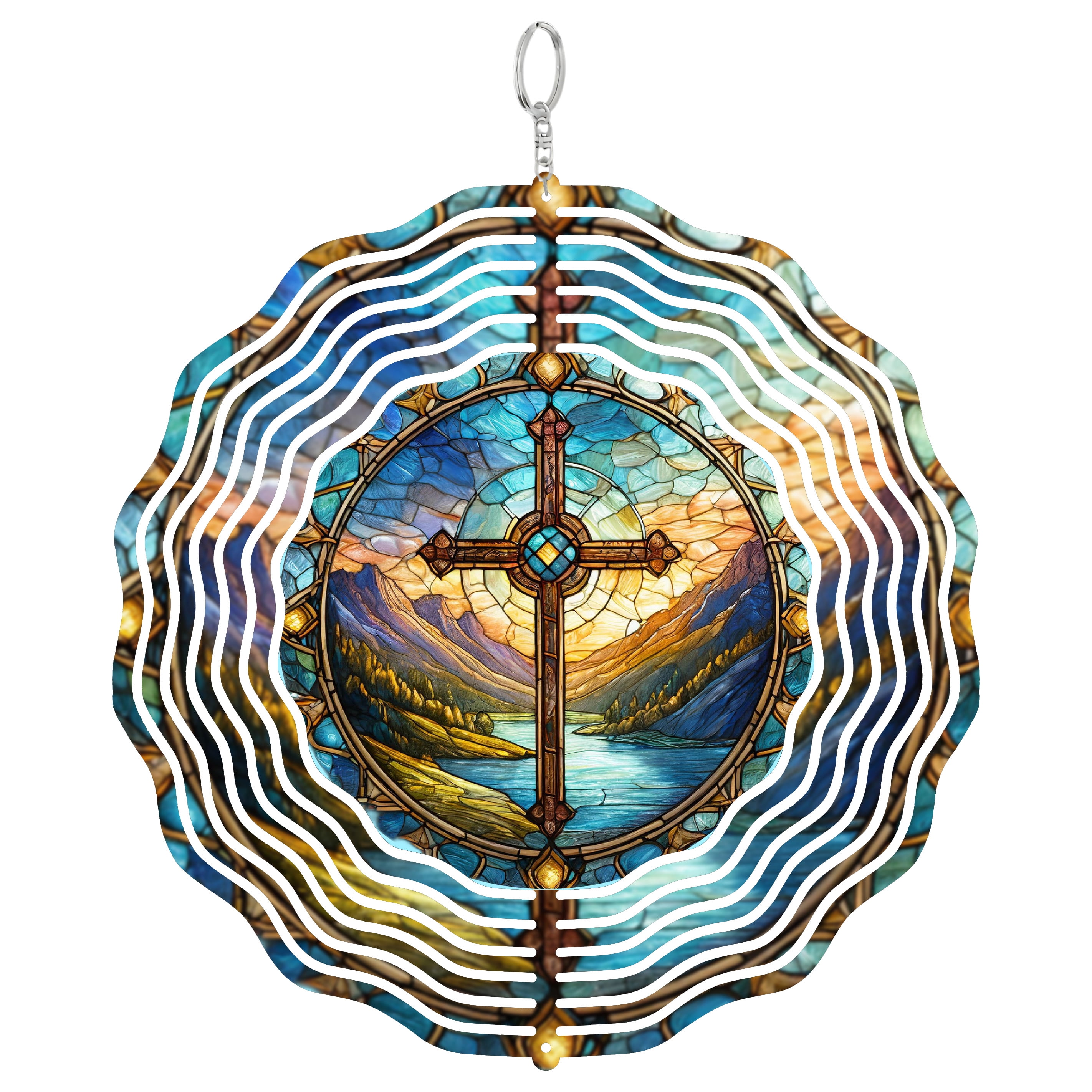 Floral Cross Faux Stained Glass Christian 3D Wind Spinner Stainless ...