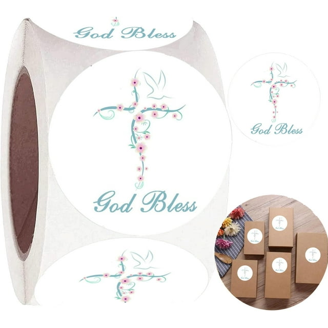 Floral Cross Stickers 2Inch God Bless Labels for Religious Baptism ...