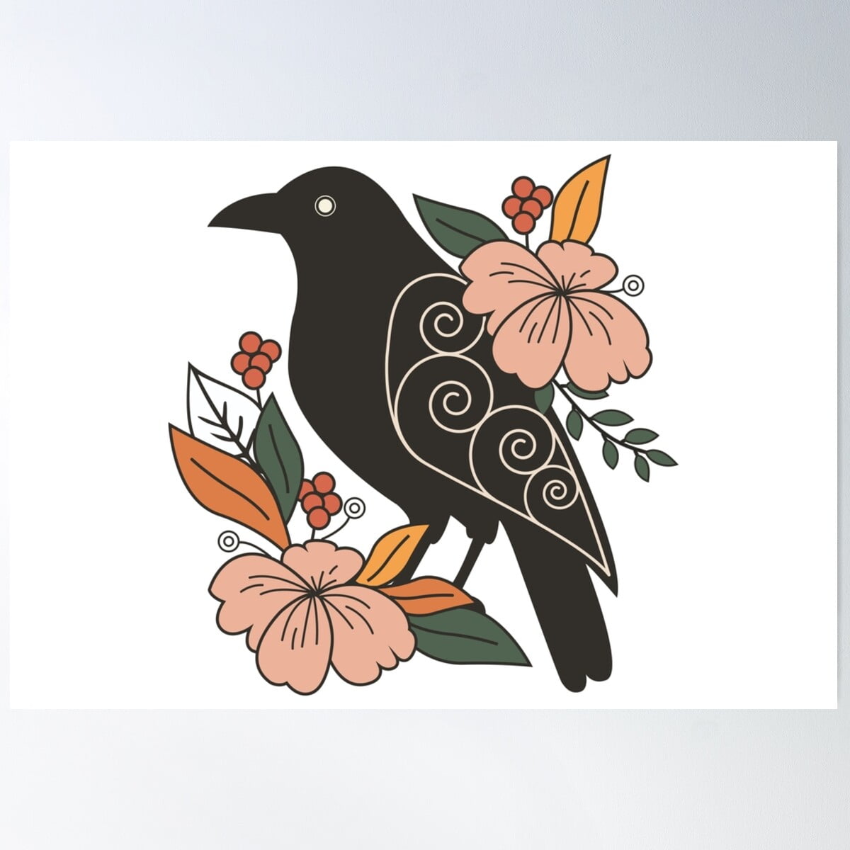 Floral Crow Motif Poster Wall Art, Modern Wall Decor For Living Room ...