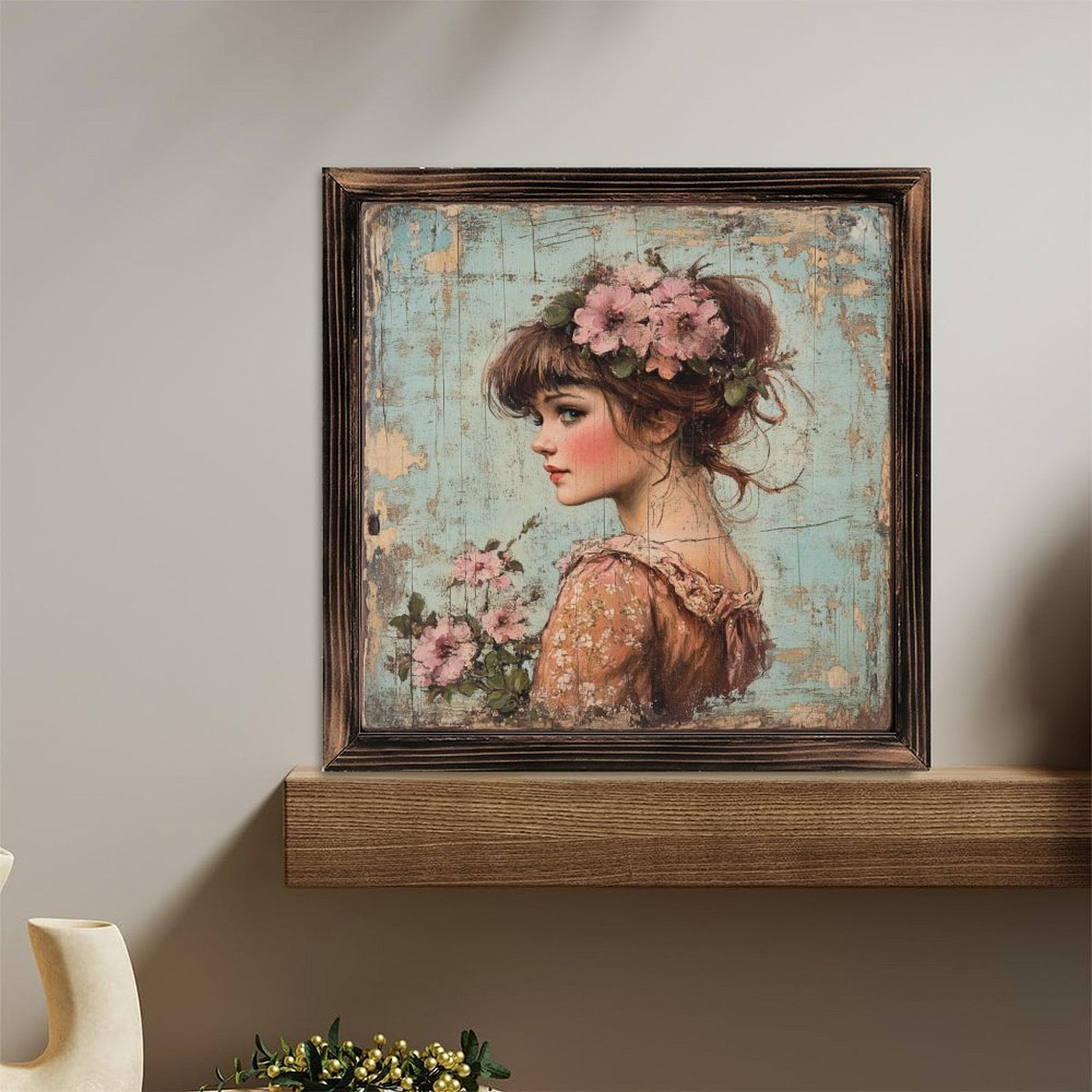 Floral Crowned Lady Art Wooden Sign Wall Plaque - Vintage Art ...