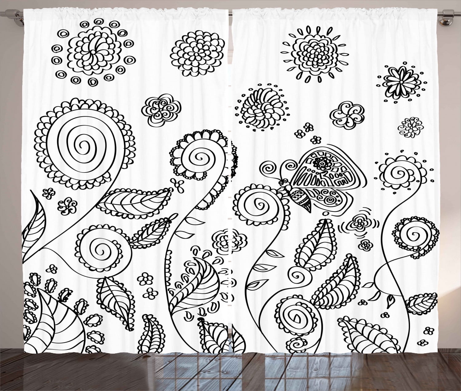 Ambesonne Rustic Curtains 2 Panel Set, Doodle Swirled Flowers, 108" x ...