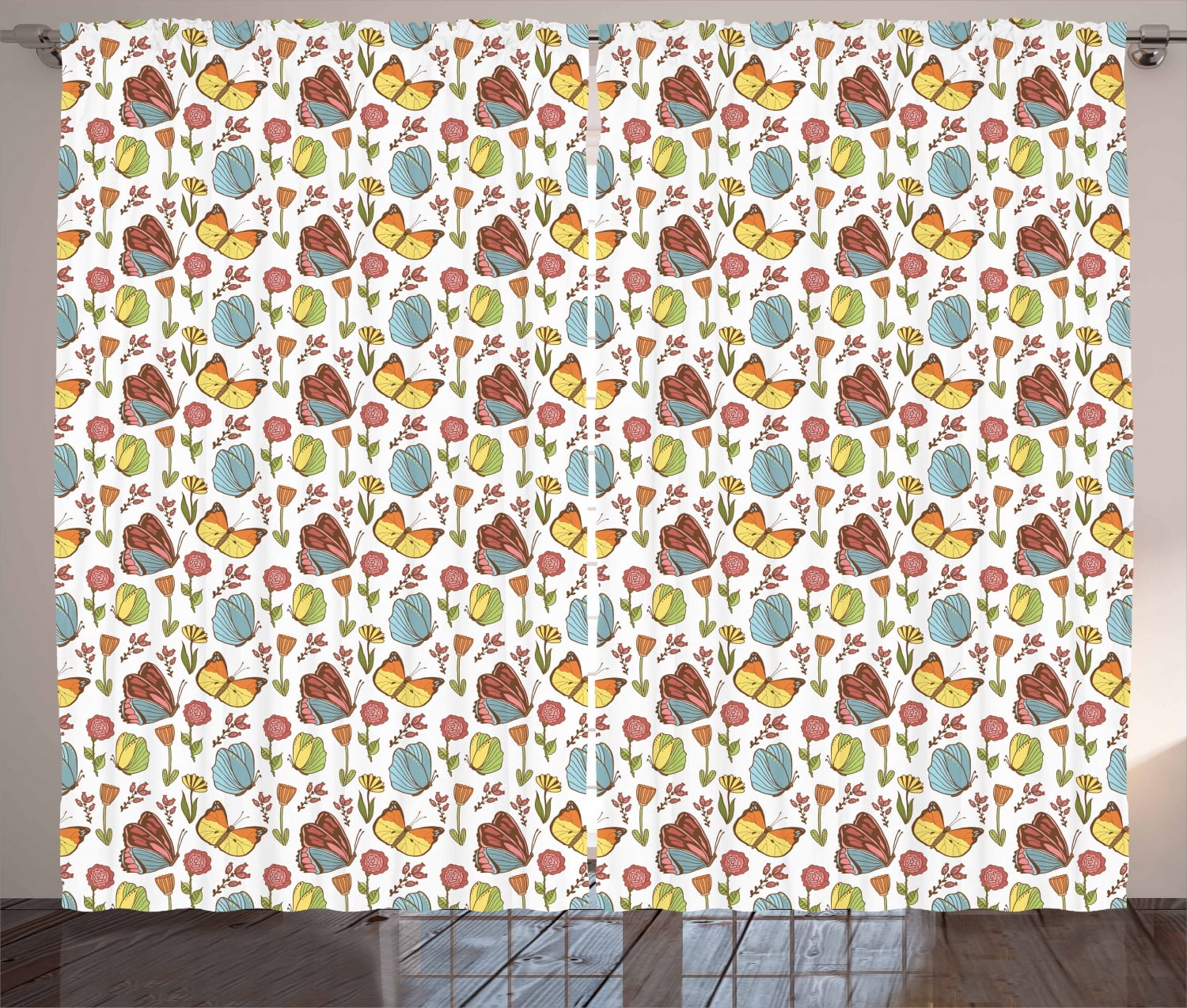 Floral Curtains 2 Panels Set, Flappy Butterflies Flying Among Hand ...