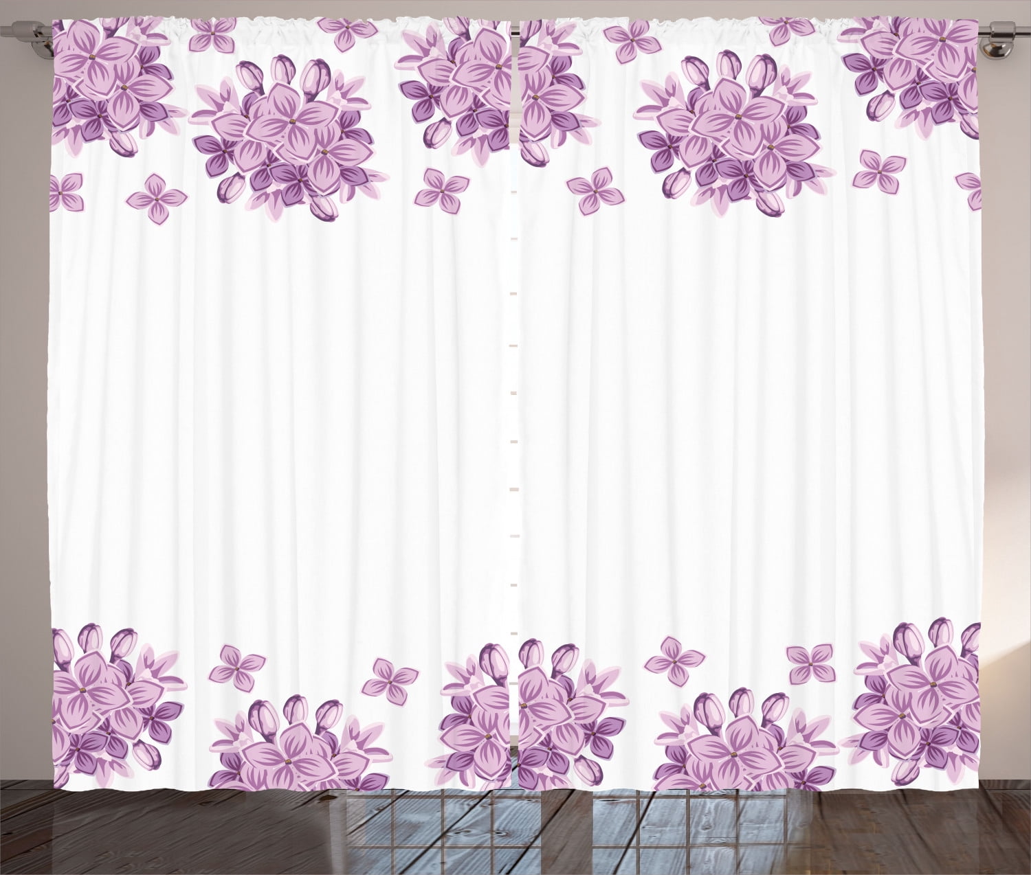 Ambesonne Floral Curtains 2 Panel Set, Lilac Flowers Blossoms, 108" x ...