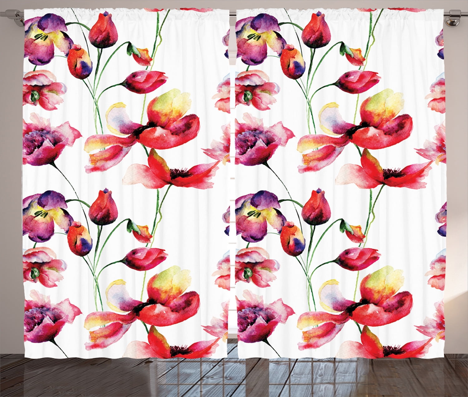 Ambesonne Floral Curtains 2 Panel Set, Blooming Tulip Poppy, 108" x 84 ...
