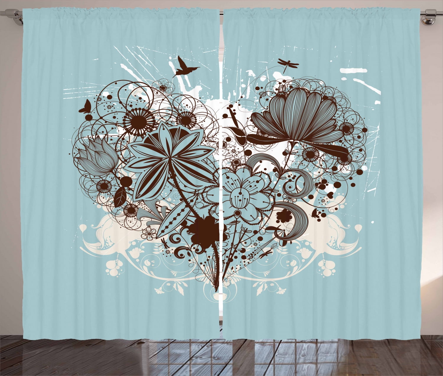 Ambesonne Floral Curtains 2 Panel Set, Heart Shape with Dragonflies ...