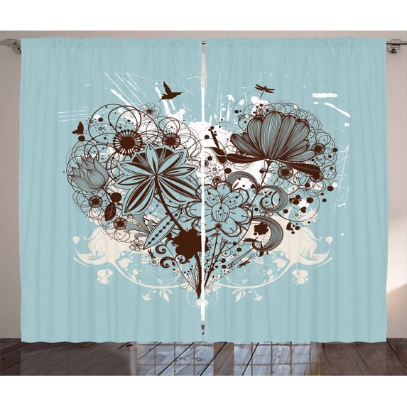 Ambesonne Floral Curtains 2 Panel Set, Heart Shape with Dragonflies ...