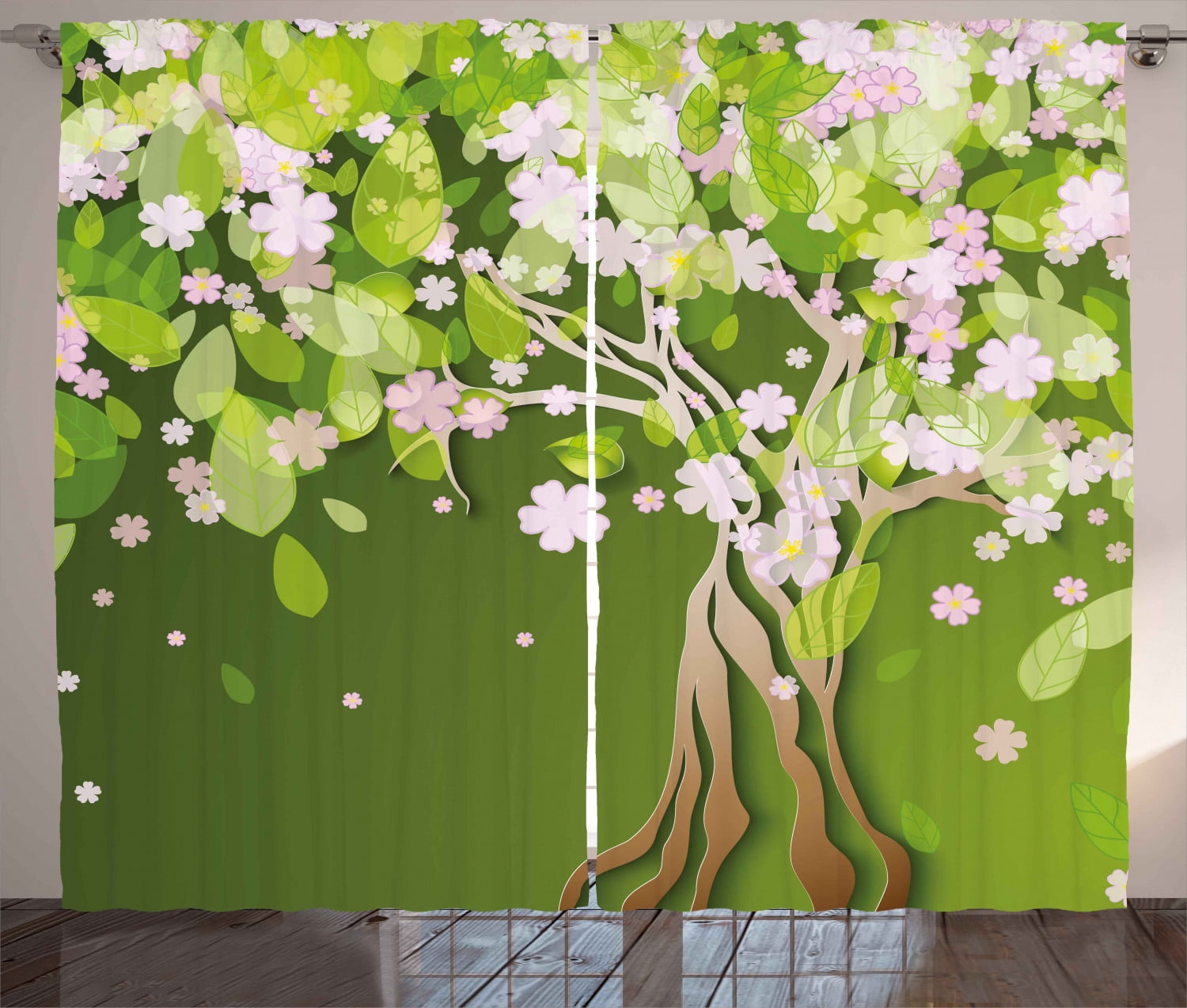 Ambesonne Tree Curtains 2 Panel Set, Blossoming Petals Florets, 108" x ...