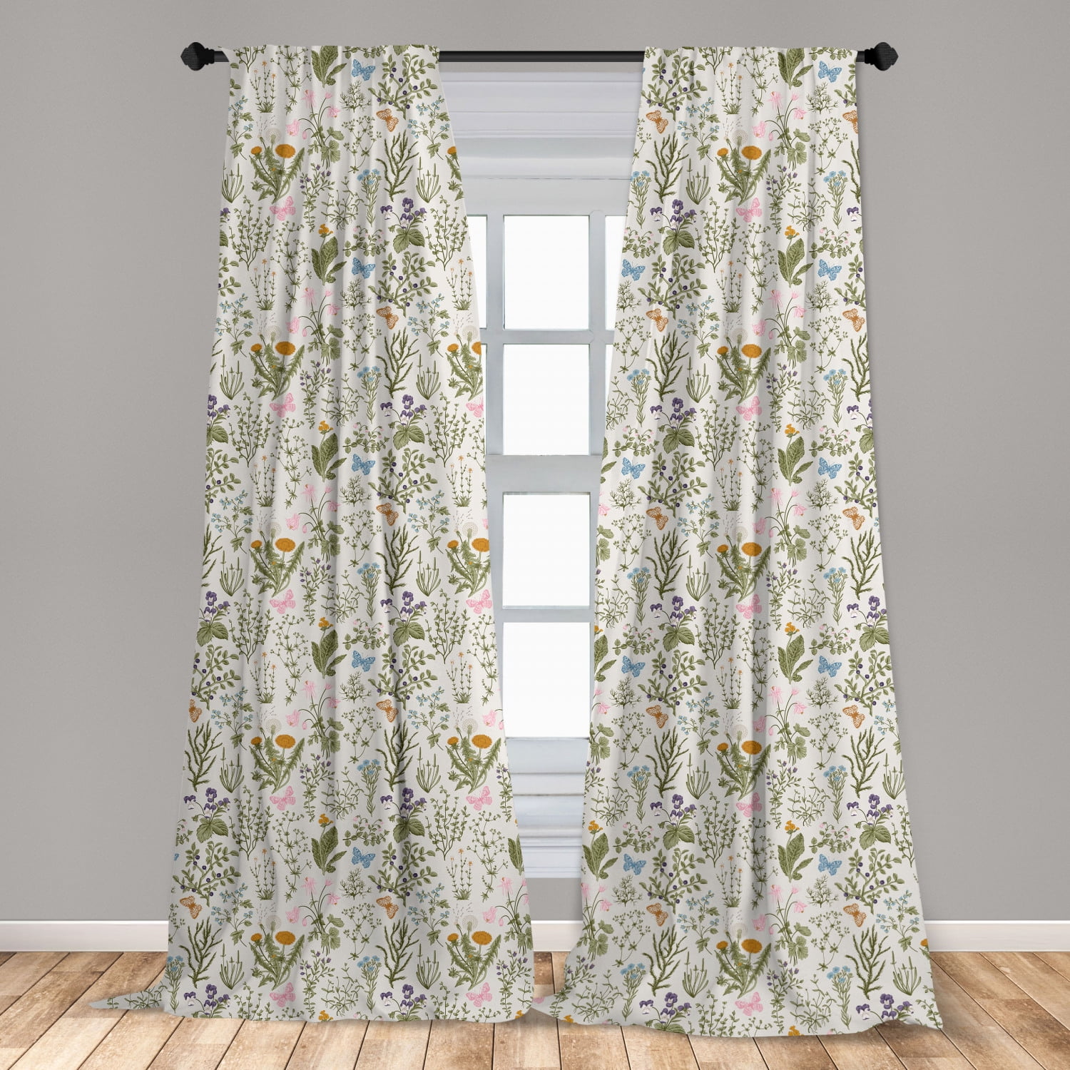 Floral Curtains 2 Panels Set, Vintage Garden Plants with Herbs Flowers ...