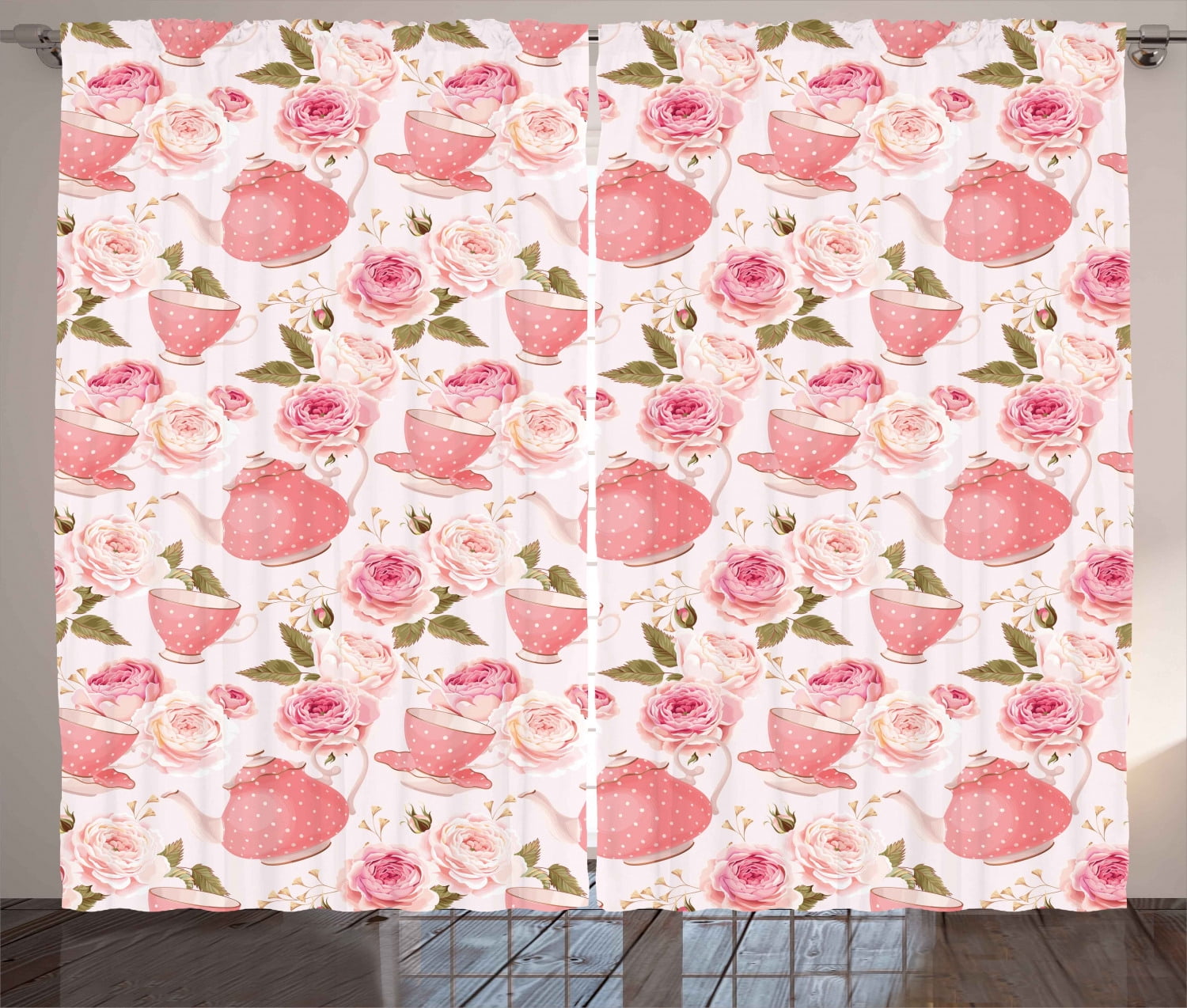 Ambesonne Floral Curtains 2 Panel Set, Vintage Tea Cups Roses, 108" x ...