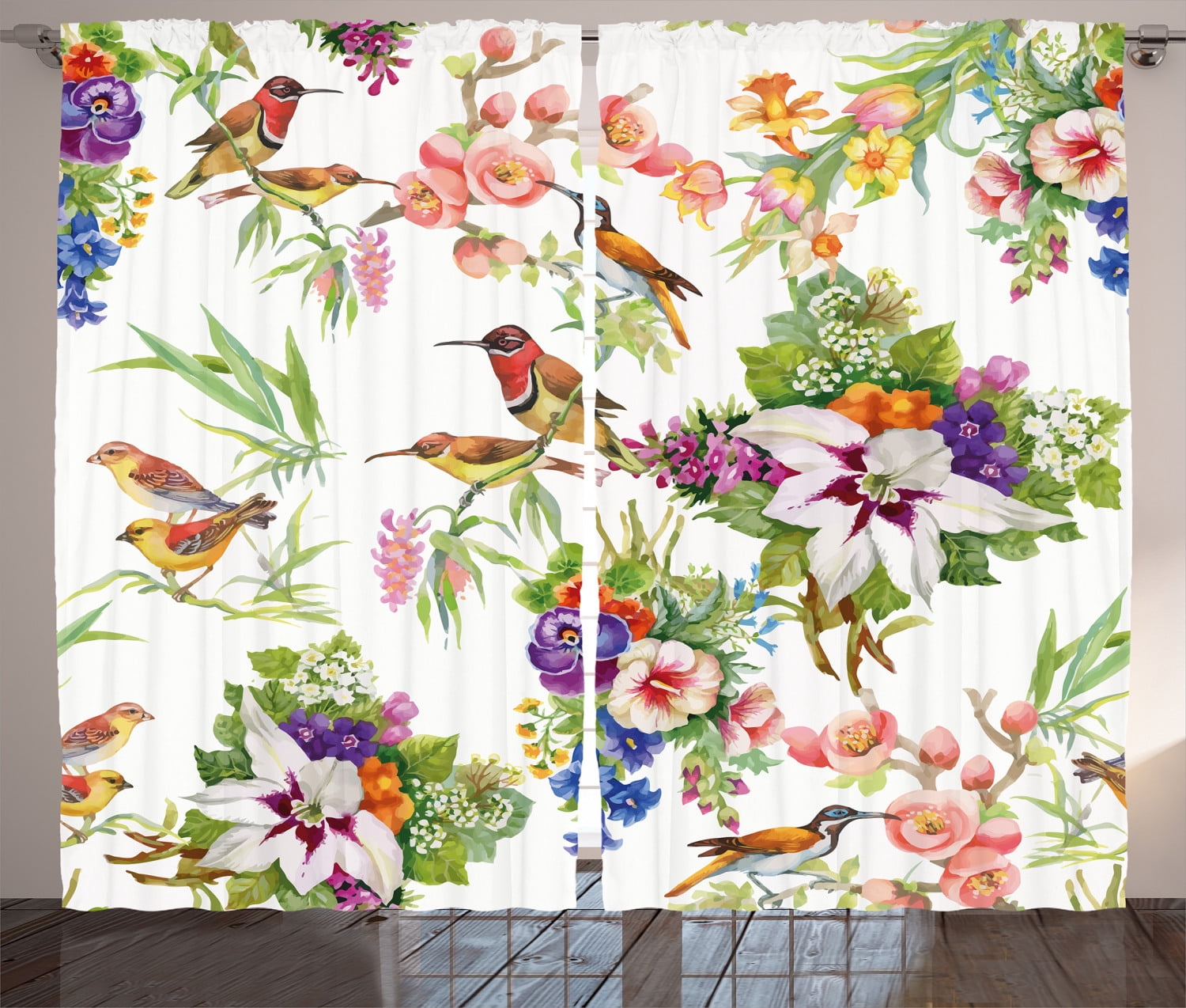 Ambesonne Floral Curtains 2 Panel Set, Exotic Spring Flowers, 108" x 84 ...