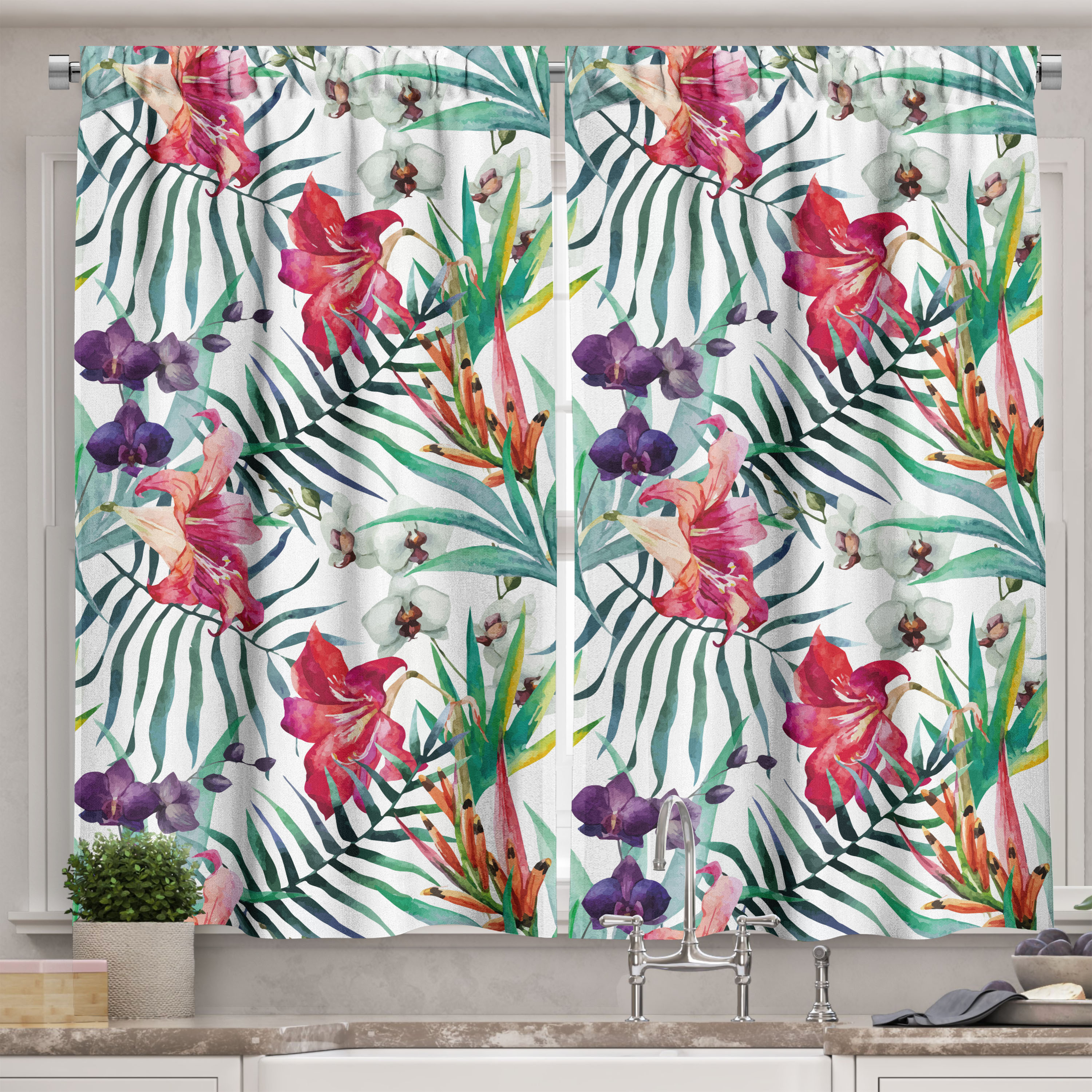 Floral Curtains 2 Panels Set, Watercolored Tropical Exotic Foliage ...