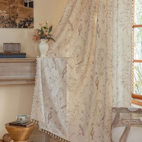 Floral Curtains 63 Inch Long Farmhouse Semi Sheer Drapes Bird Patterned ...