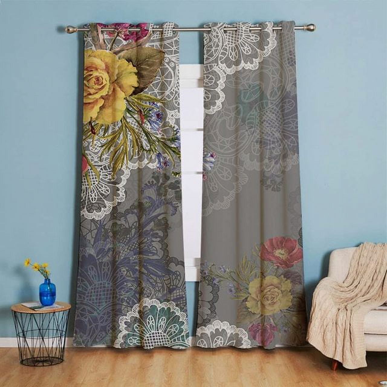 Floral Curtains Black and Purple Flowers Vintage Window Panels Room ...
