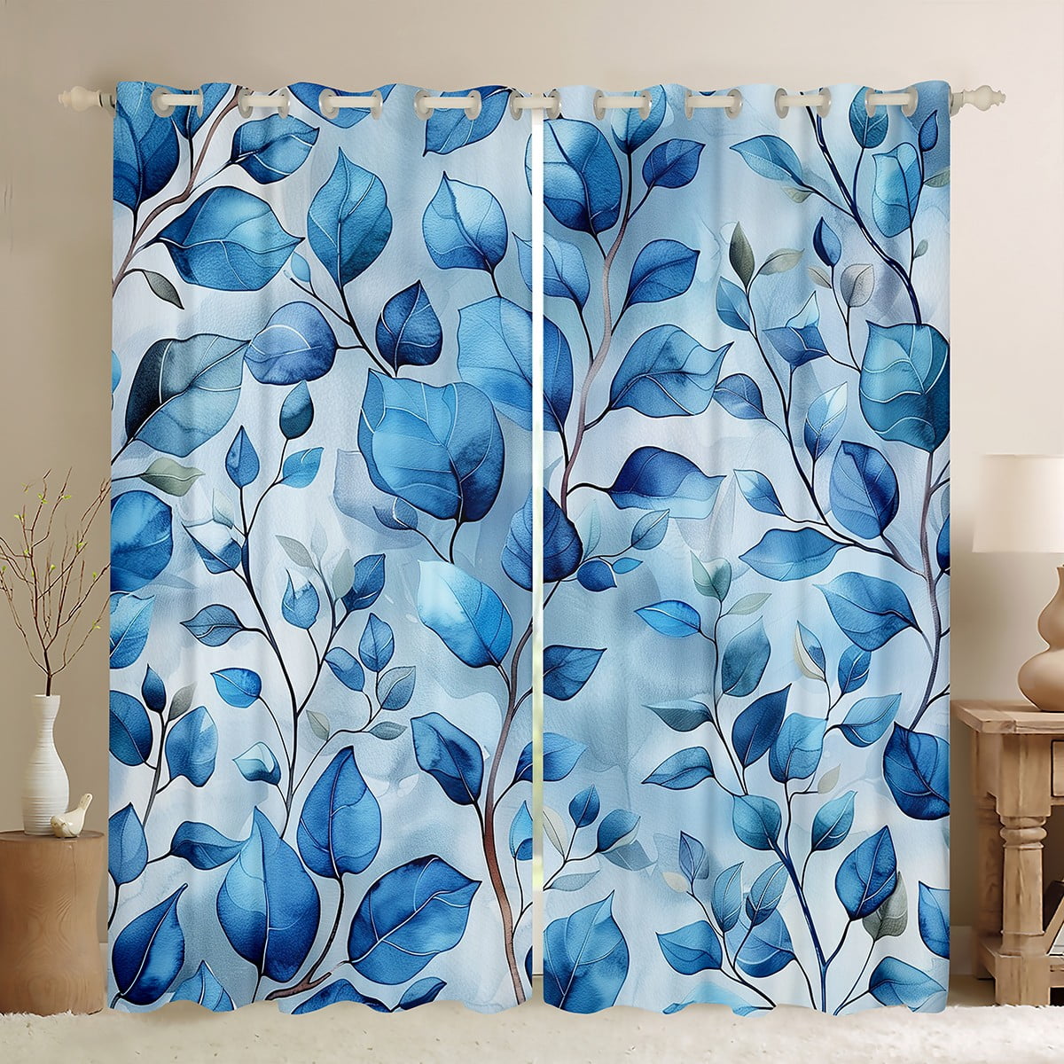 Floral Curtains Blue Leaf Print 38"Wx54"L 2 Panels Blackout Curtains ...