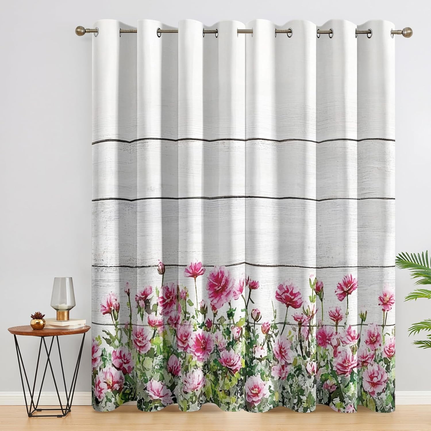 Floral Curtains Pink Flower Curtains, Rustic Wood Window Treatments ...