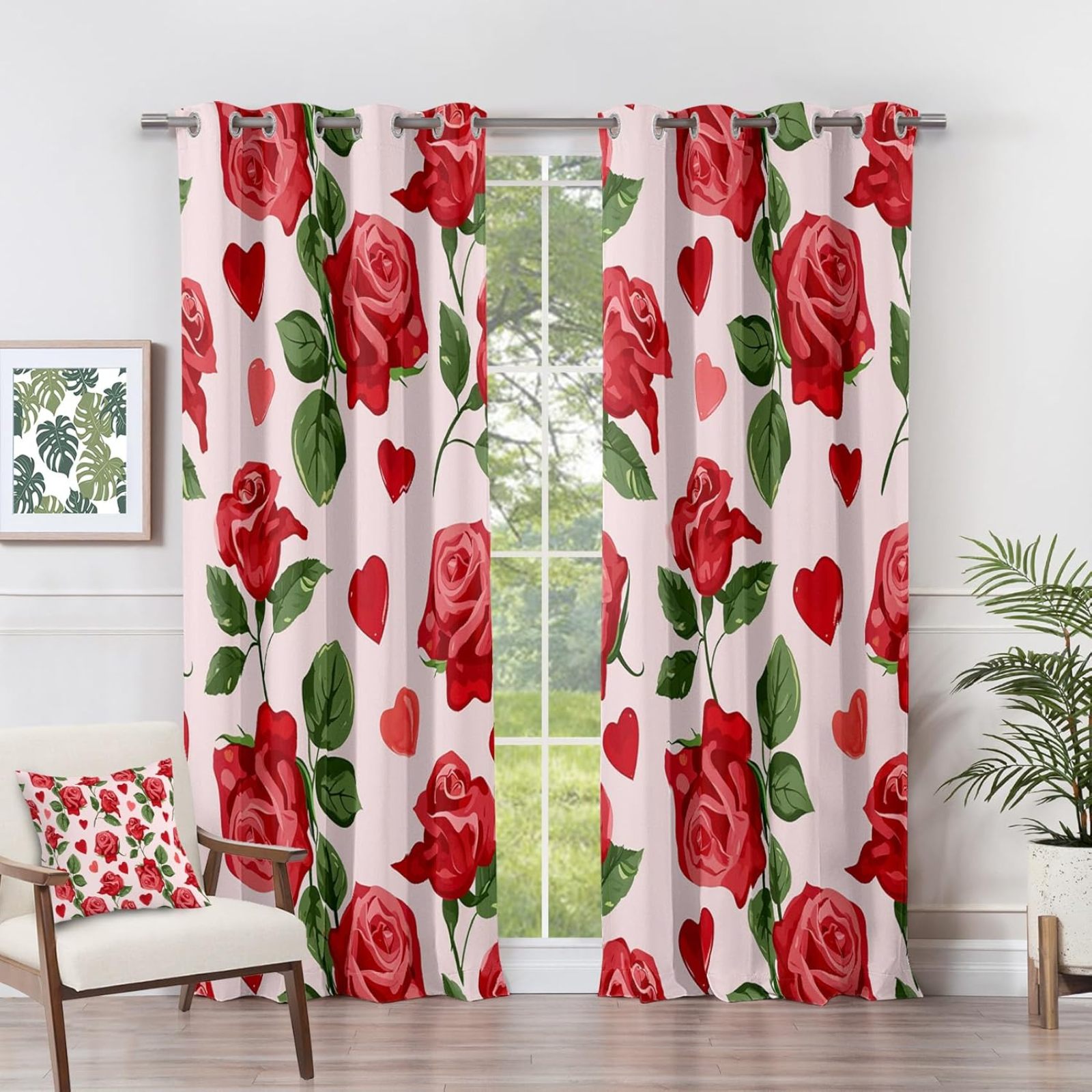 Floral Curtains - Red Rose Flower Romantic Love Heart Patterned ...