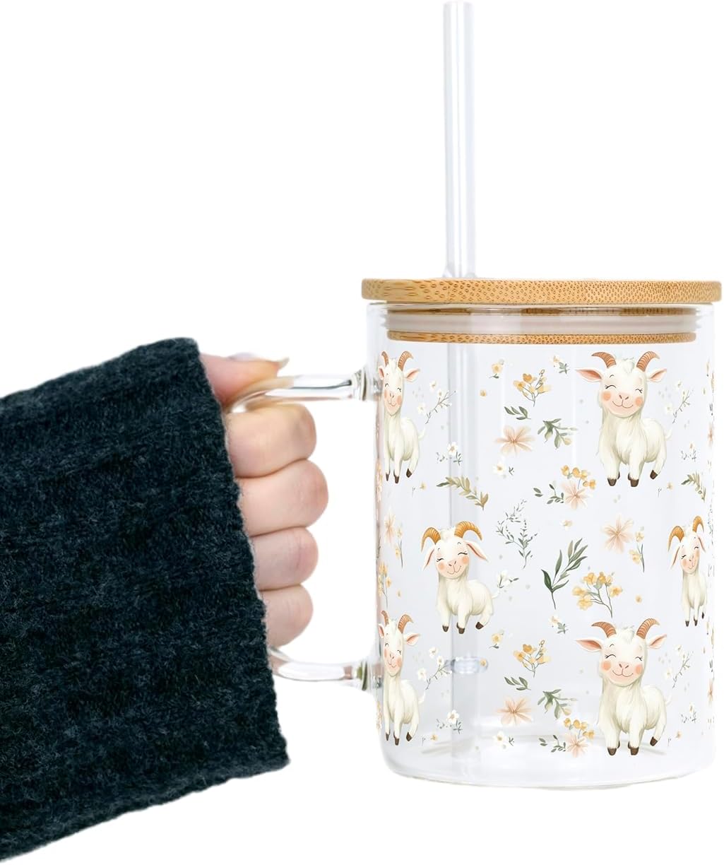 Floral Cute Goats 17oz Glass Mug with Lid and Straw, Goat Lover Coffee ...