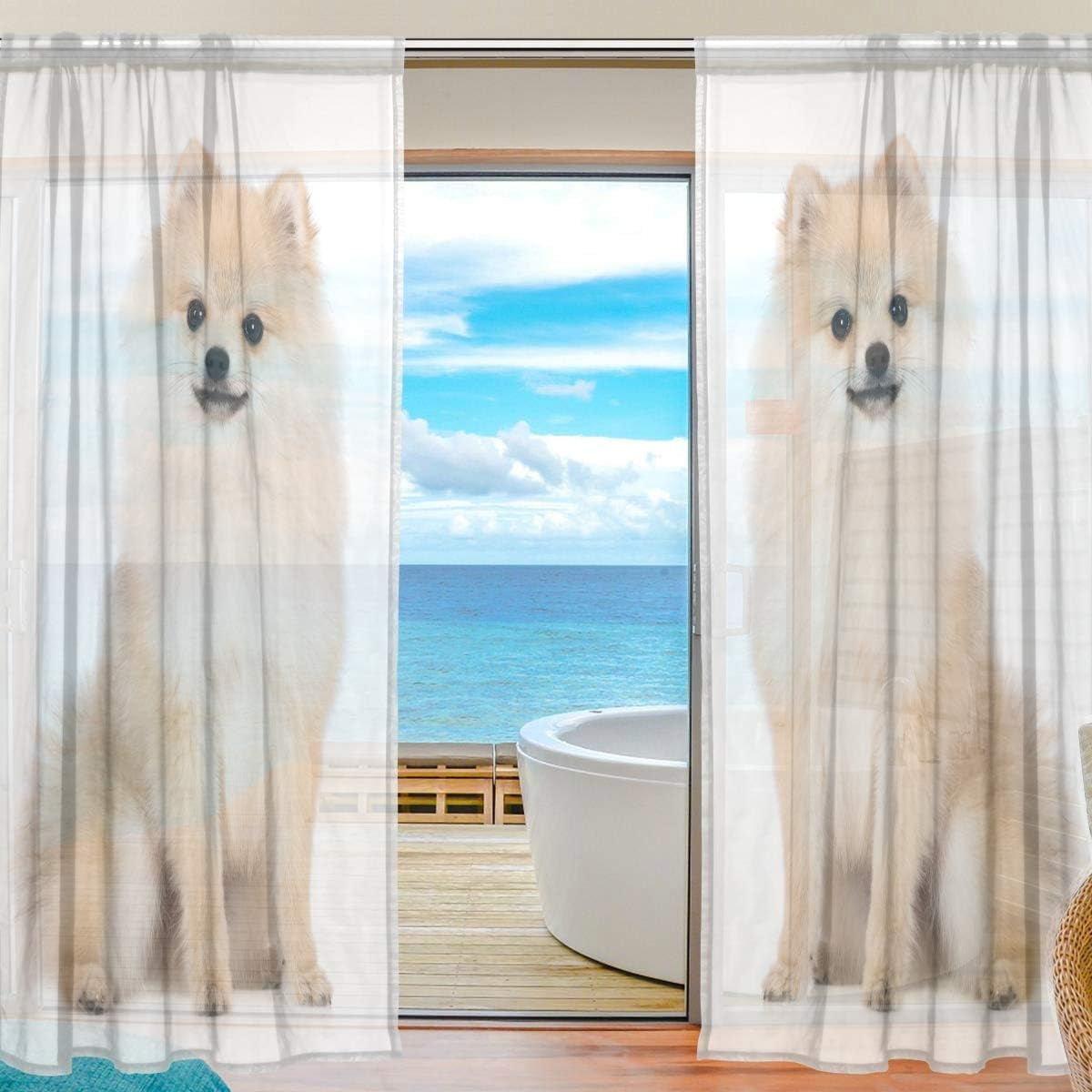Floral Cute Pomeranian Spitz Dog Semi Sheer Curtains Window Voile ...