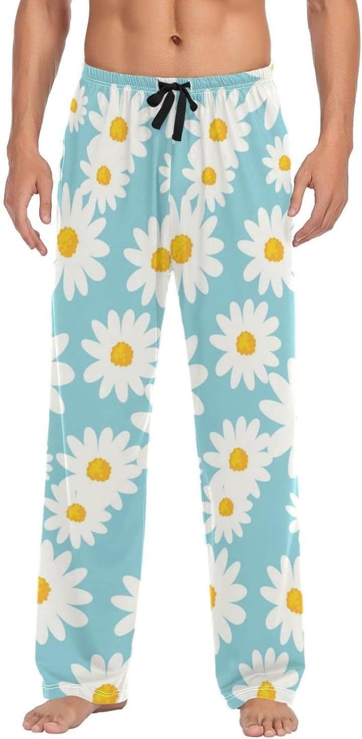 Floral Daisy Pattern Ghost Pajama Pants, Men's Lounge Pants Light with ...