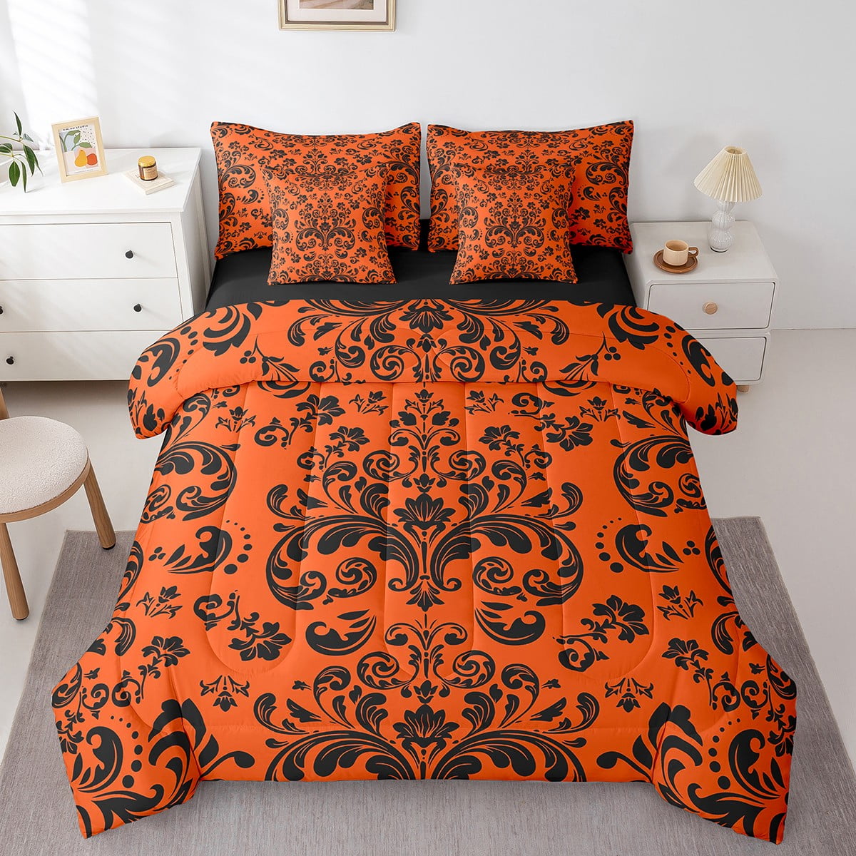 Floral Damask Full Comforter Set 7 Piece Black Orange Boho Gothic ...